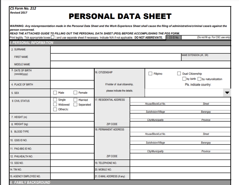 CSC PDS Form PDF Download - Filesph